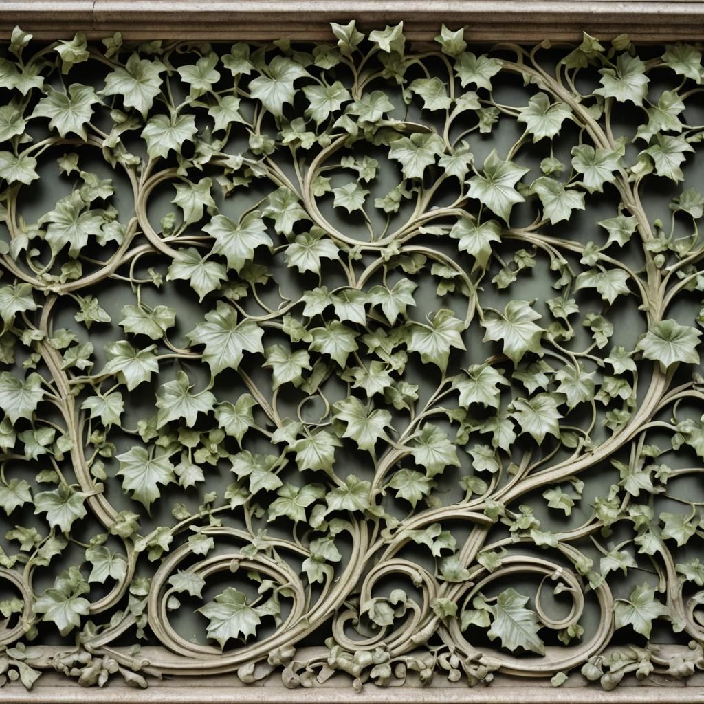 An ornate balustrade depicting ivy vines and leaves , style of Louis ...