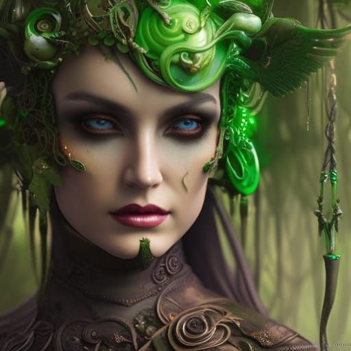 Beautiful Celtic priestess dressed in green velvet dress, in a mystical ...