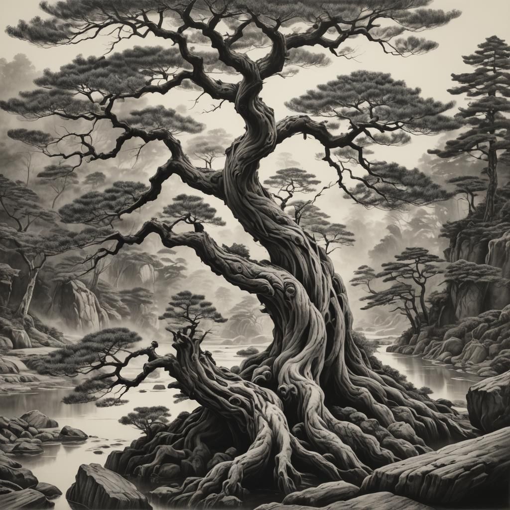 Hyper realistic mode, a giant tree in bonsai mode, full view, sinuous ...