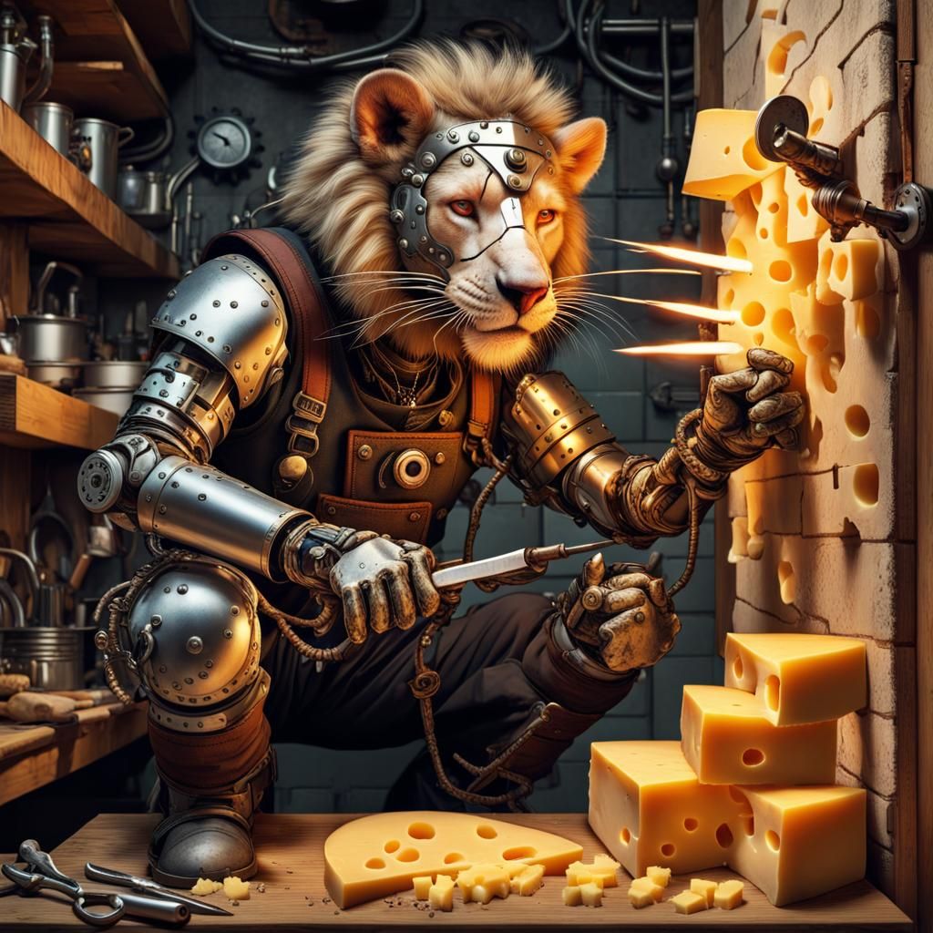 cyborg a construction worker, wearing Tools and rats, head like a lion ...