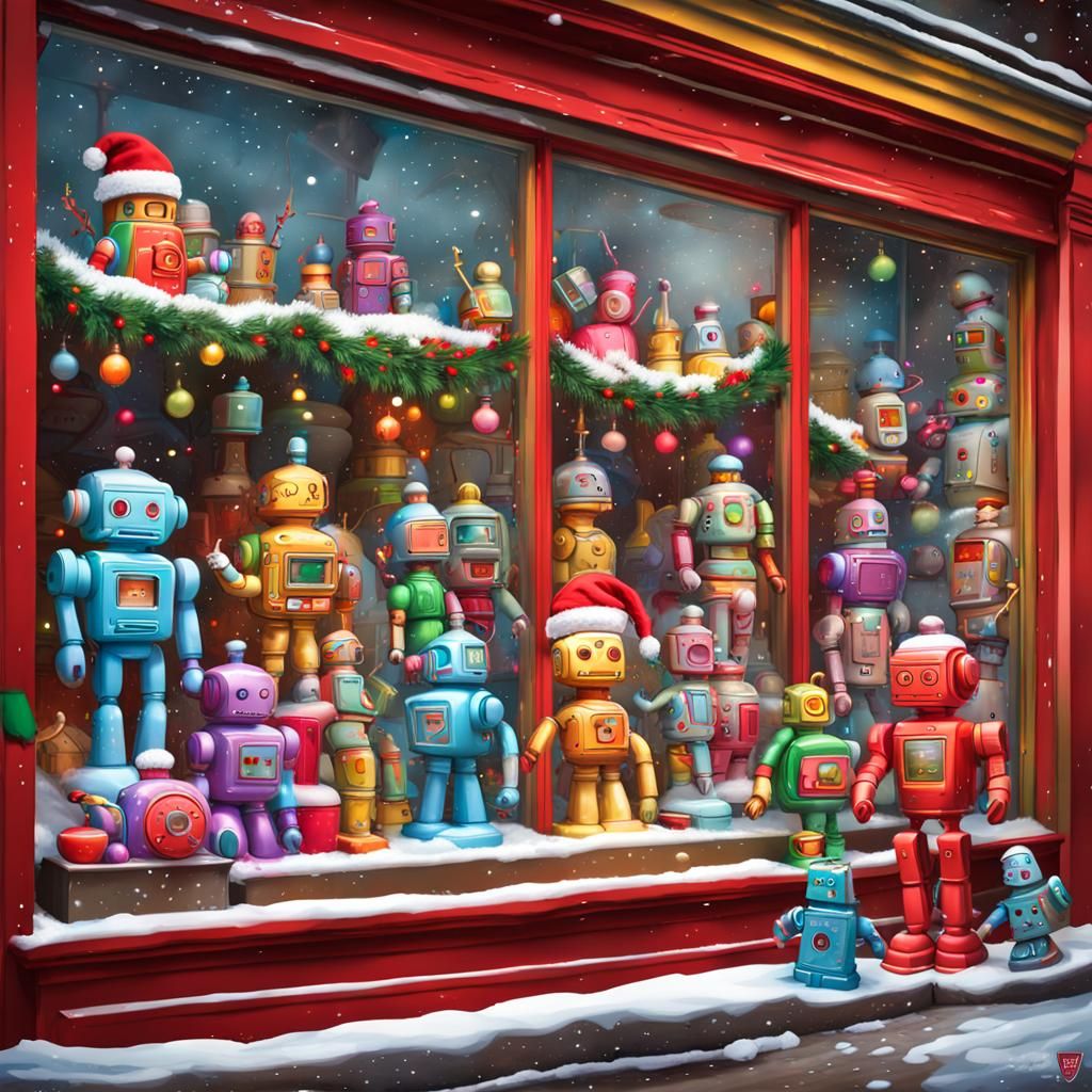 Toy shop window display with robots, windup toys, dolls christmas ...