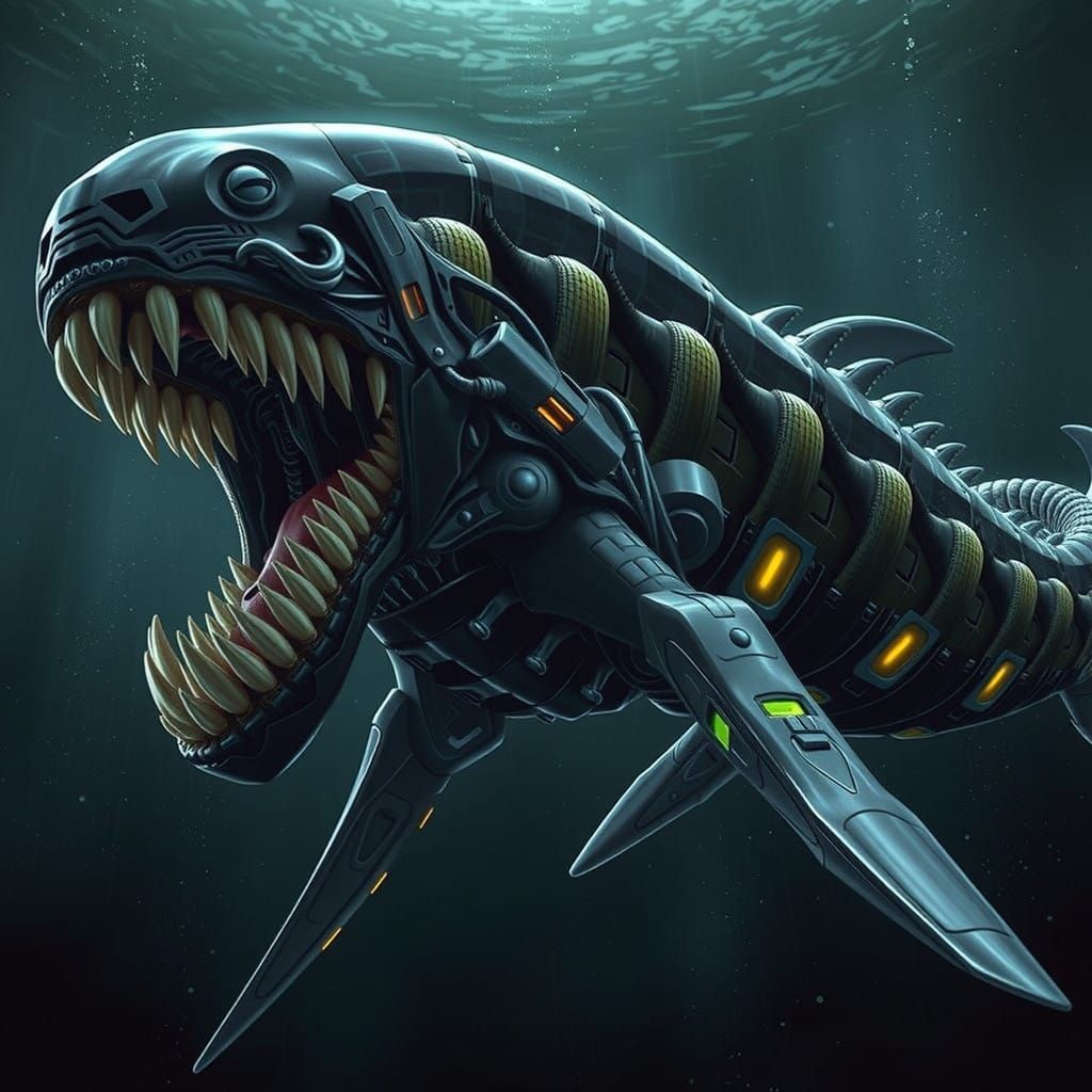 Bio-Mechanical Black Shark Xenomorph in Dark Ocean... - AI Art