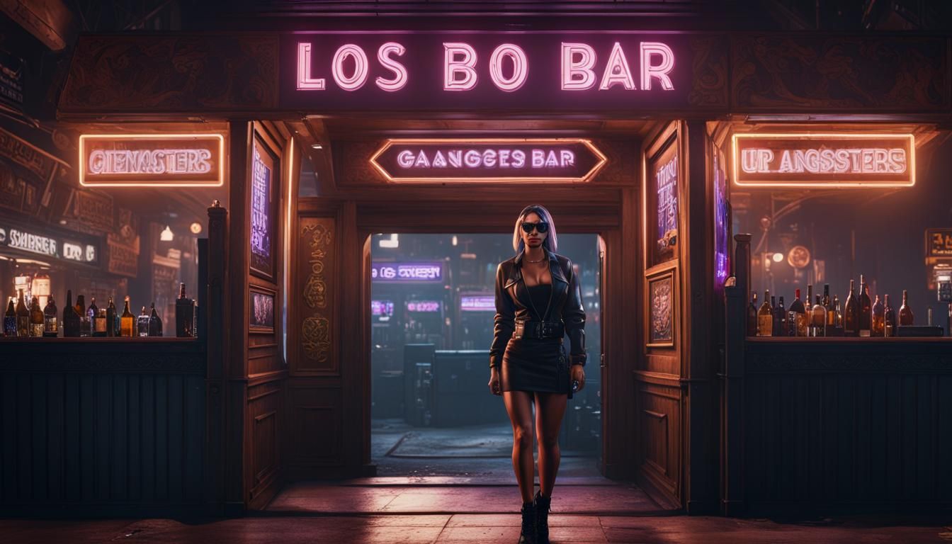 rap gangster girl at the entrance to the Los Angeles bar, cinematic ...