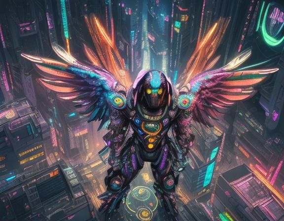 (Intricately detailed futuristic artwork in bird eye view of a flying ...