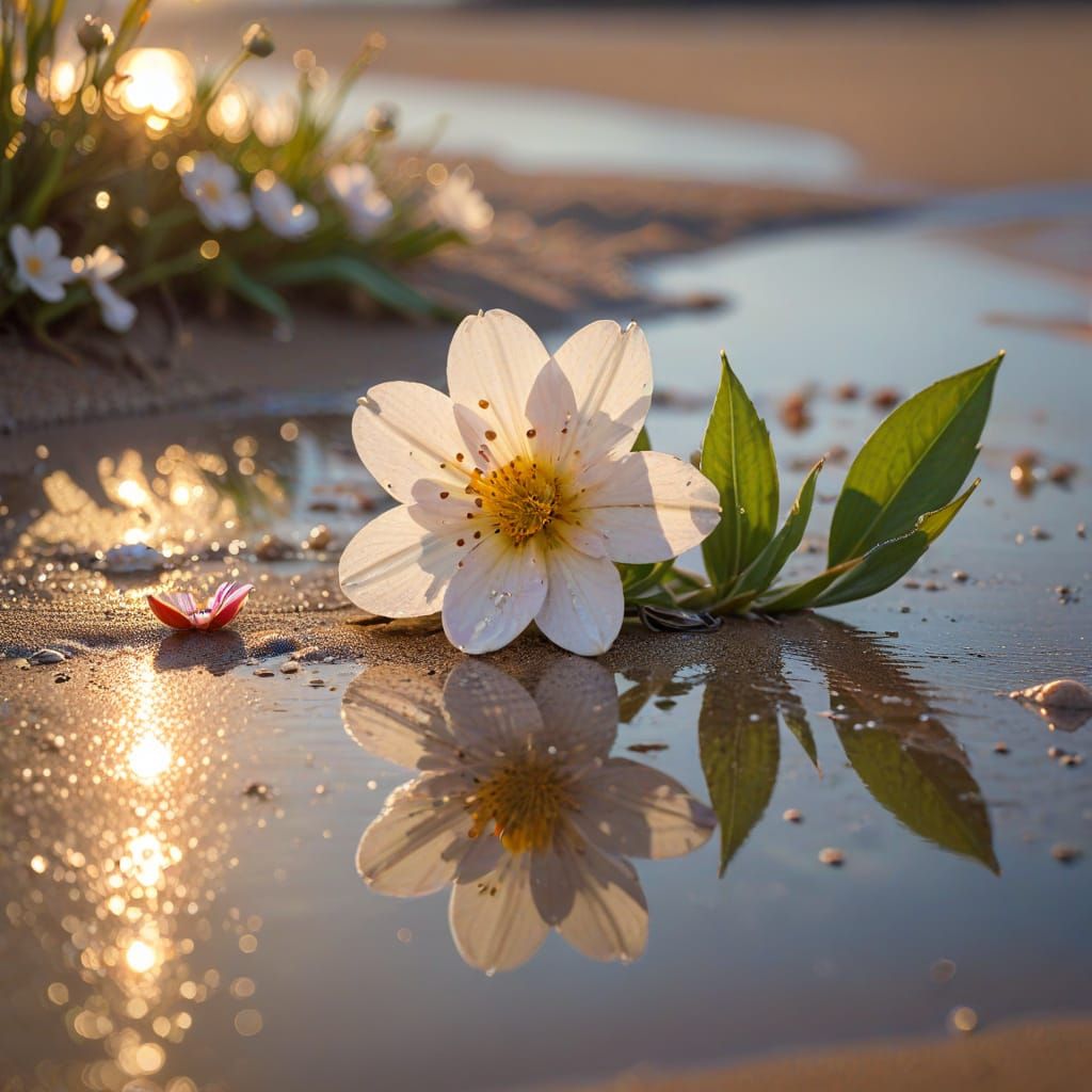 Chrome Leaf Reflecting Rainy Spring Sunrise Scene - AI Art