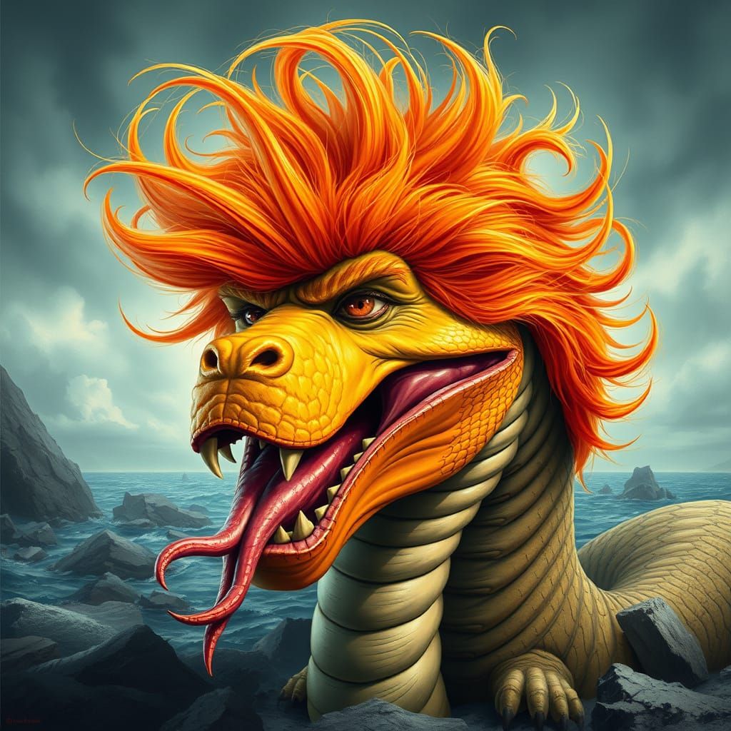 a huged headed snake with a forked tongue and an orange wig like trumps ...