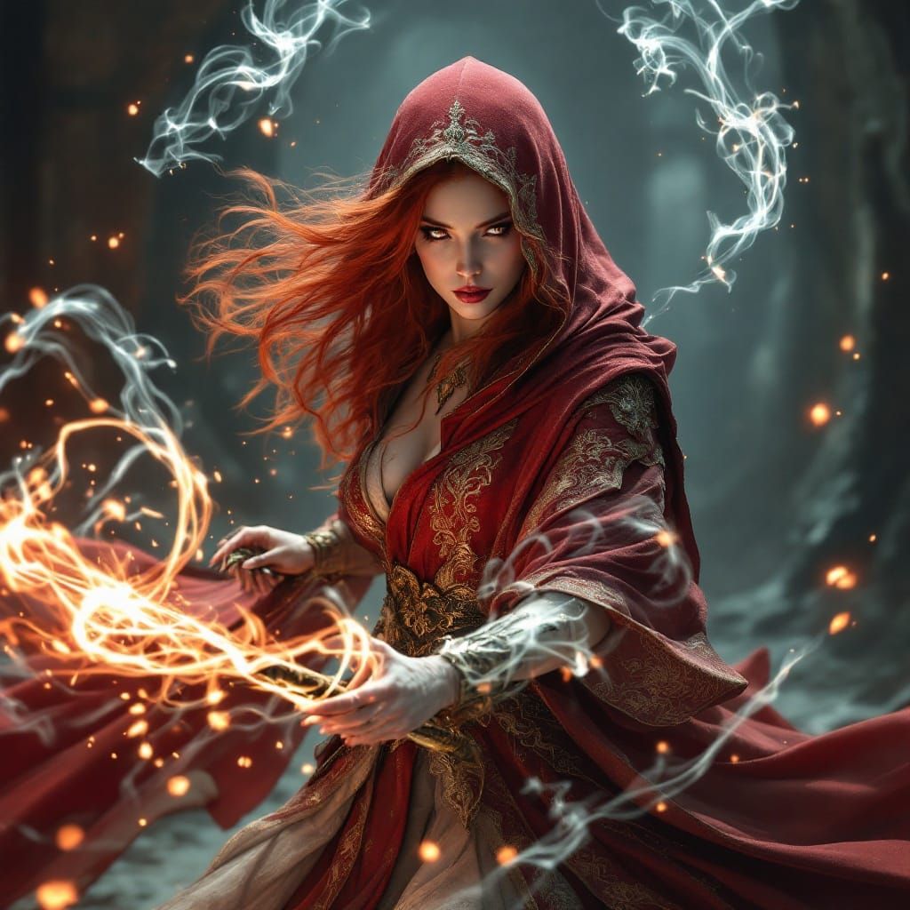 Majestic Sorceress in Rococo Robe Wields Magic Wan... - AI Art