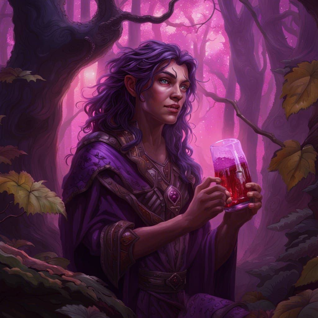 A young druid with gorgeous hazel eyes, purple vines for hair, toasting ...