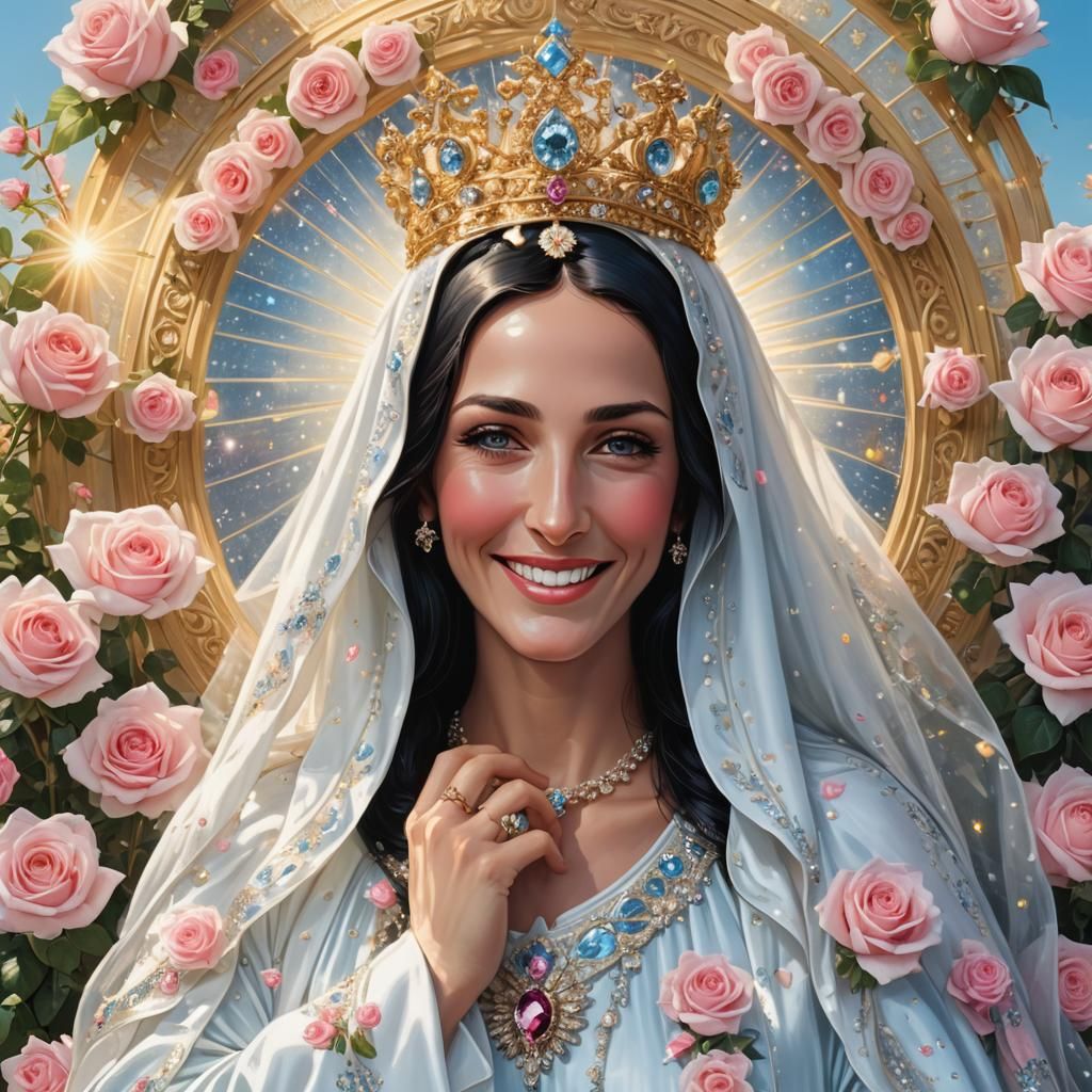 iconoclastic surreal photo of beautiful supermodel white Virgin Mary, kind huge laughing smile ...