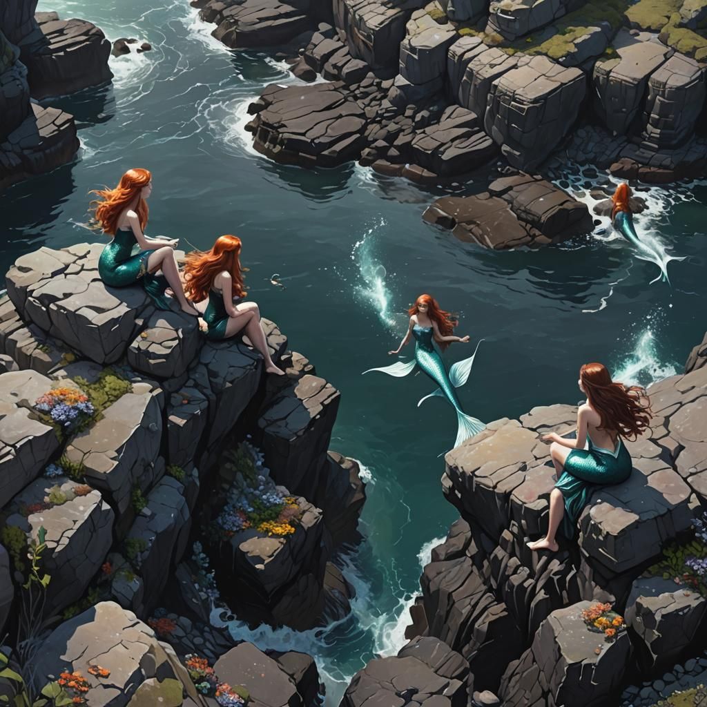 Black ocean cliffs , 3 mermaids on the rocks - AI Generated Artwork ...