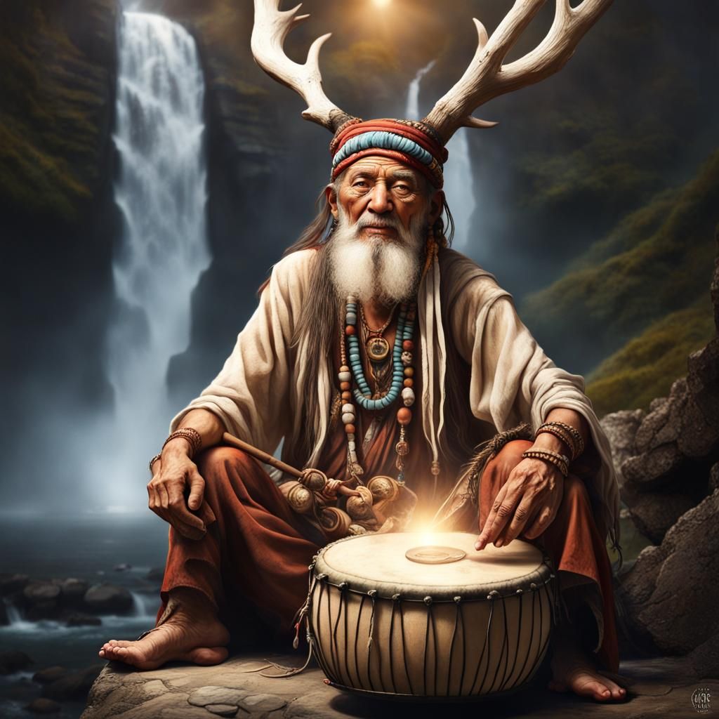 in his ancient age, close-up image, finely crafted old man shaman in ...