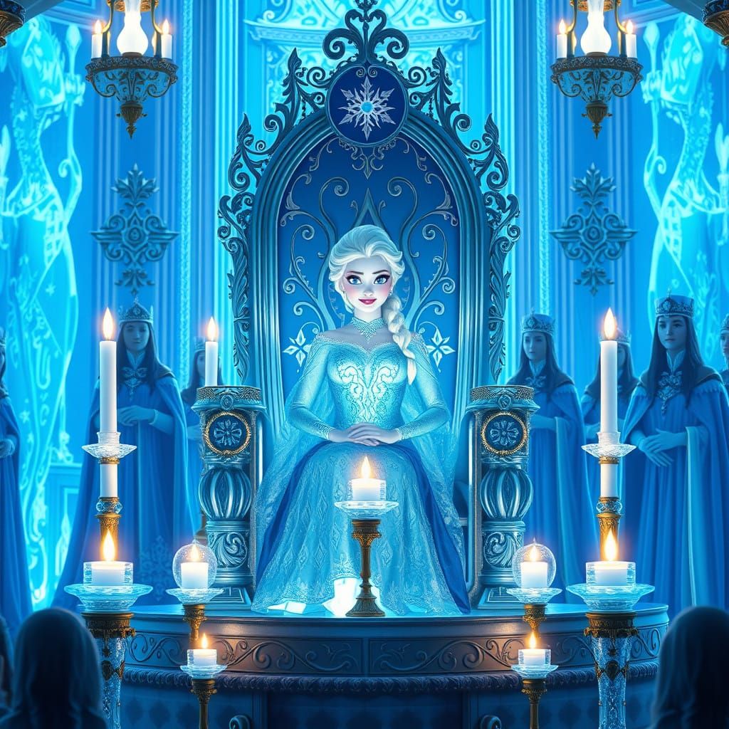 Rainha Elsa, de Frozen, com um sorriso calmo e triunfante, sentada em ...