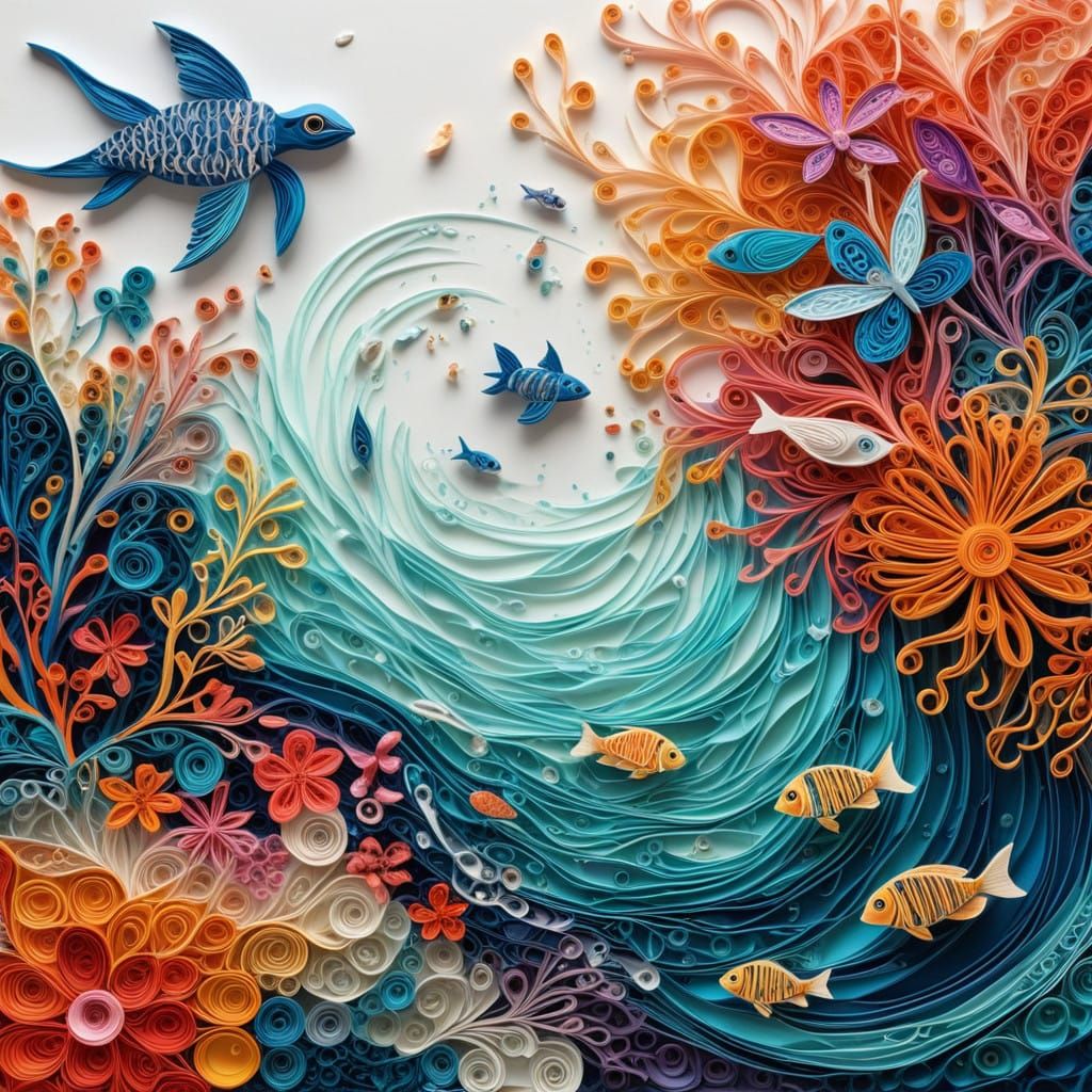 Underwater Quilling Artwork: Turtles and Coral Ree... - AI Art
