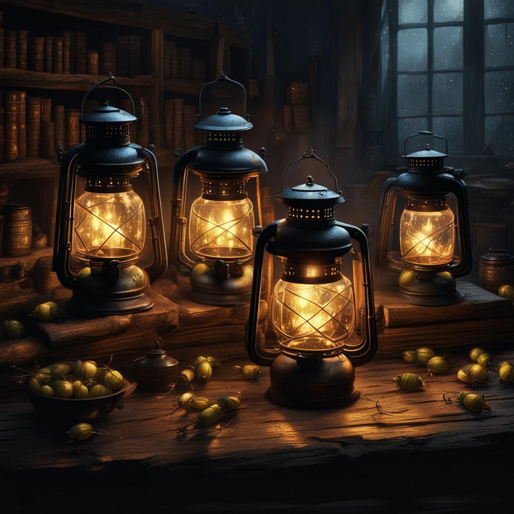 fireflies in lanterns on a wood table in 1800's Epic cinematic ...