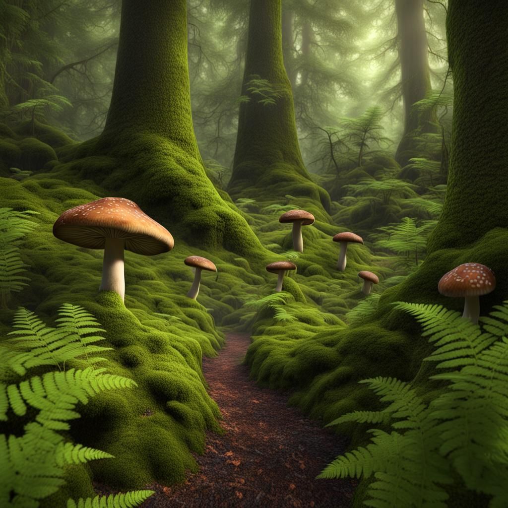 An old growth forest with ferns, mushrooms, and green moss, verdant ...