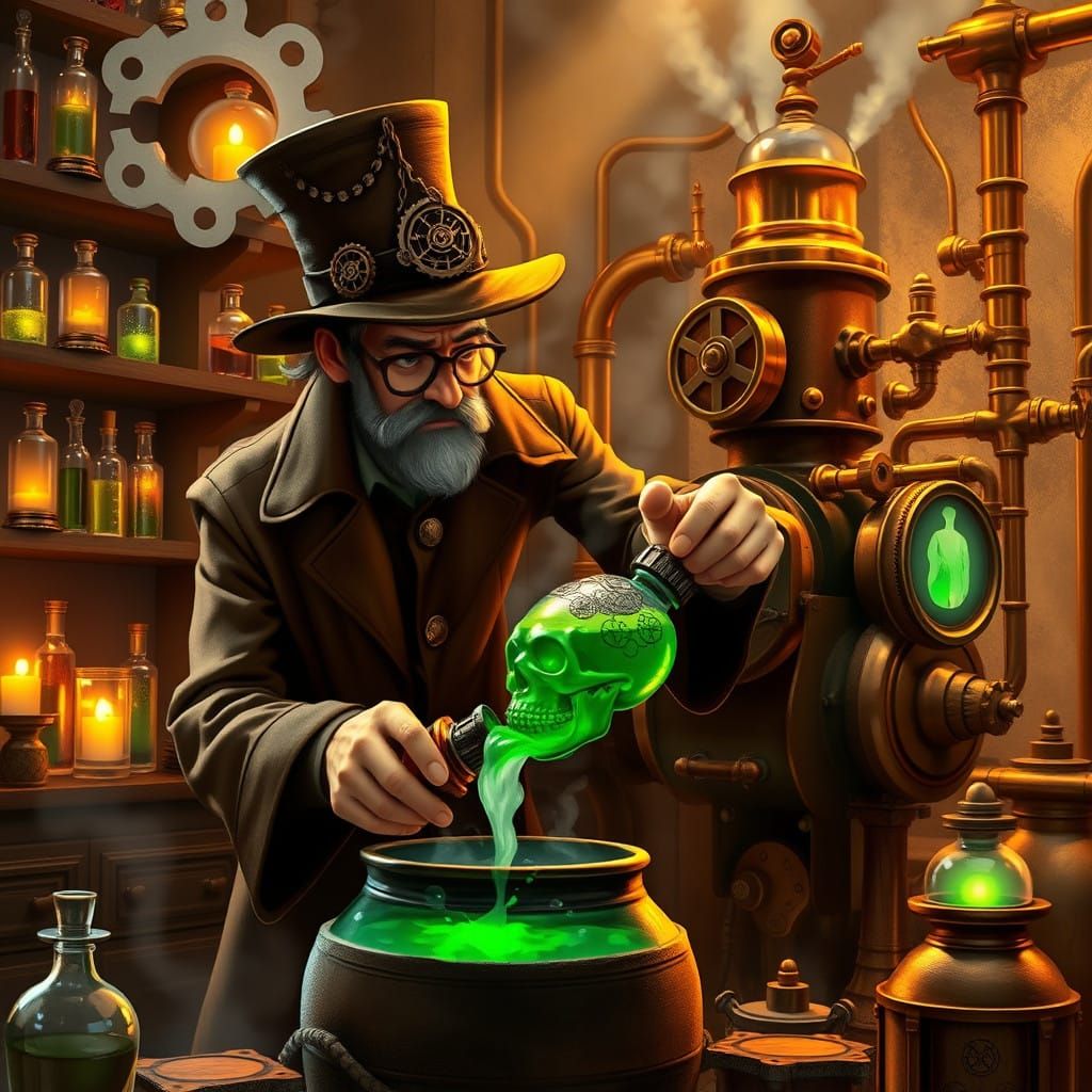 Steampunk Sorcerer Concocts Mysterious Potion in C... - AI Art