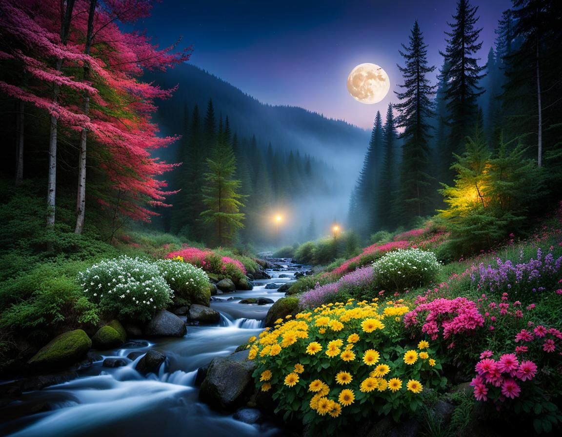 Flowery and misty landscape - AI Generated Artwork - NightCafe Creator