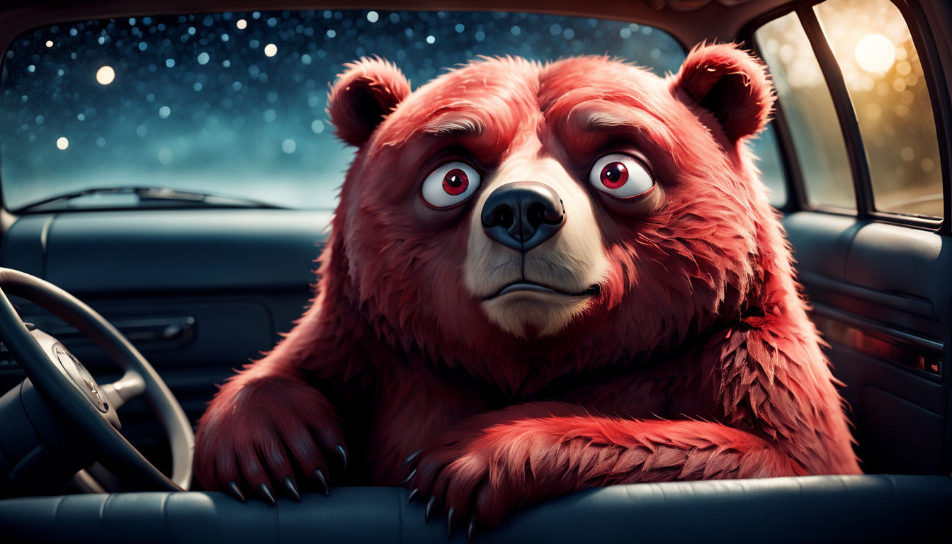 A big red grumpy bear trying to sleep in a car.