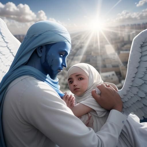 A blue skinned Muslim Angel protects an Injured bleeding Palestinian in ...
