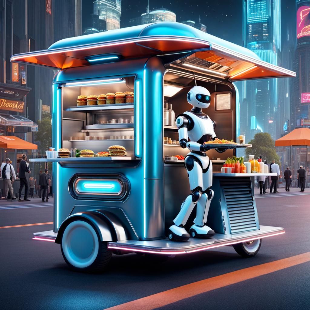 A Far in the future Food truck. (robot waitstaff:1.8) on delivering ...