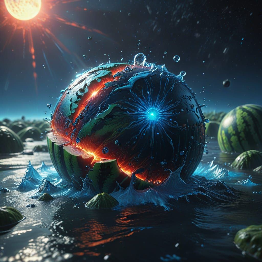 Fantastical Watermelon Planet Under Double Suns - AI Art