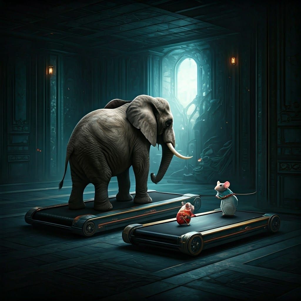 Elephant and Mouse on Treadmills in Vibrant Fantas... - AI Art