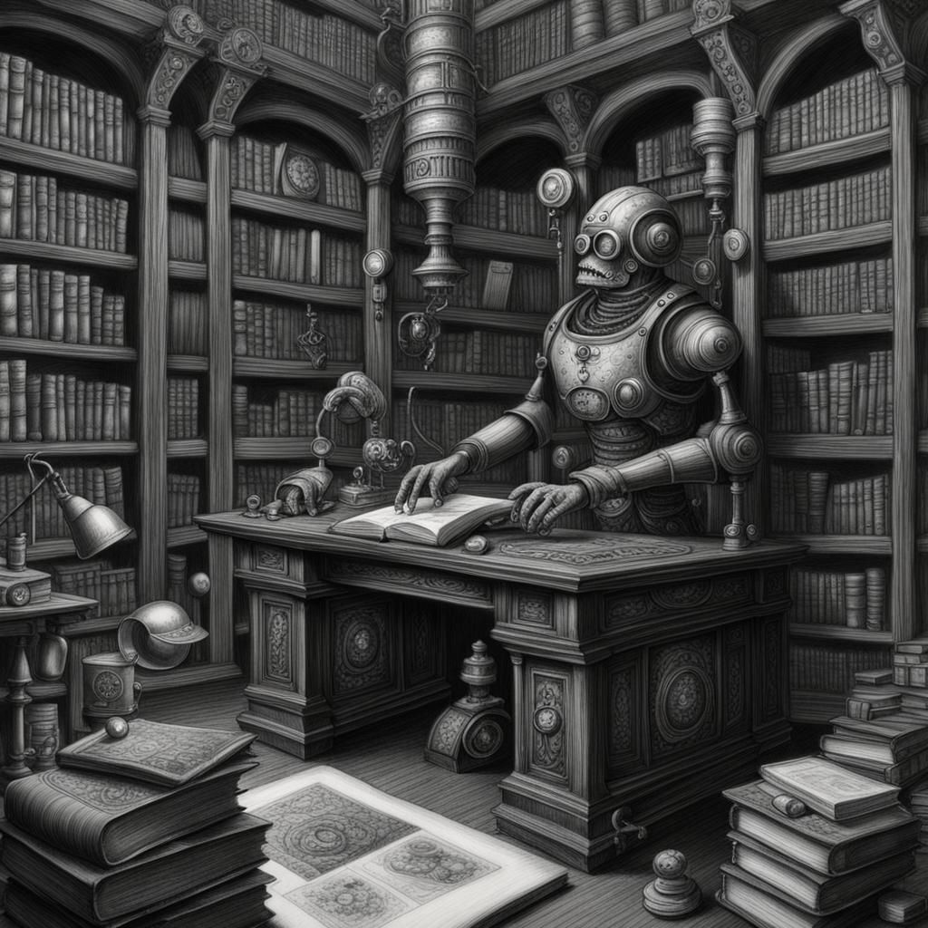 Enormous steampunk library. Mecanical golems are tide up books. Desk with esoterical books ...
