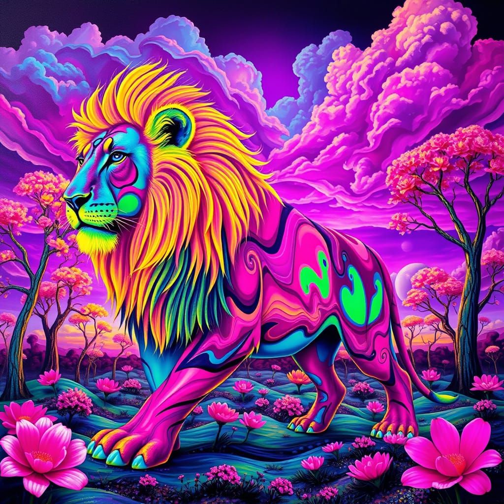Surreal Lion Embodies Vibrant Dreamlike Landscape - AI Art
