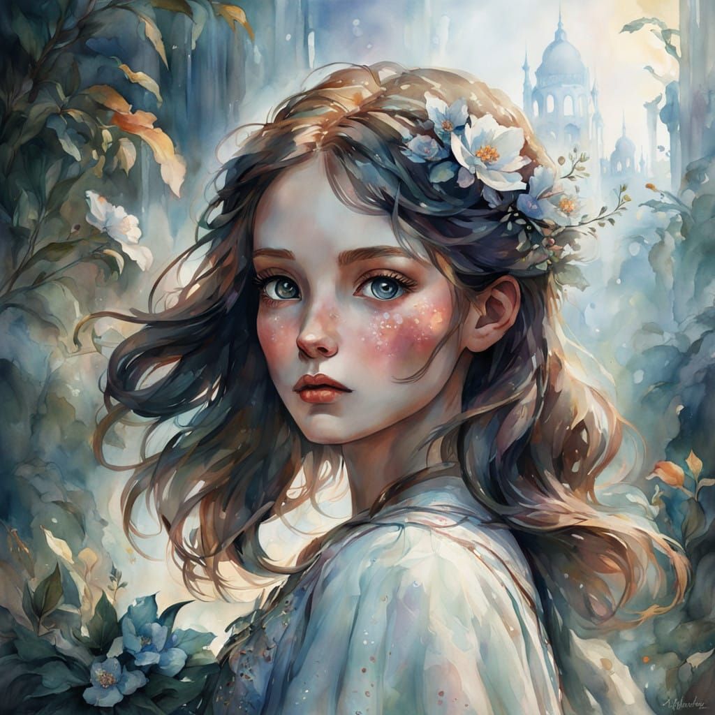 minimalism, watercolor, detailed drawing, mysticism, girl, doll face, small snub nose, plump ...