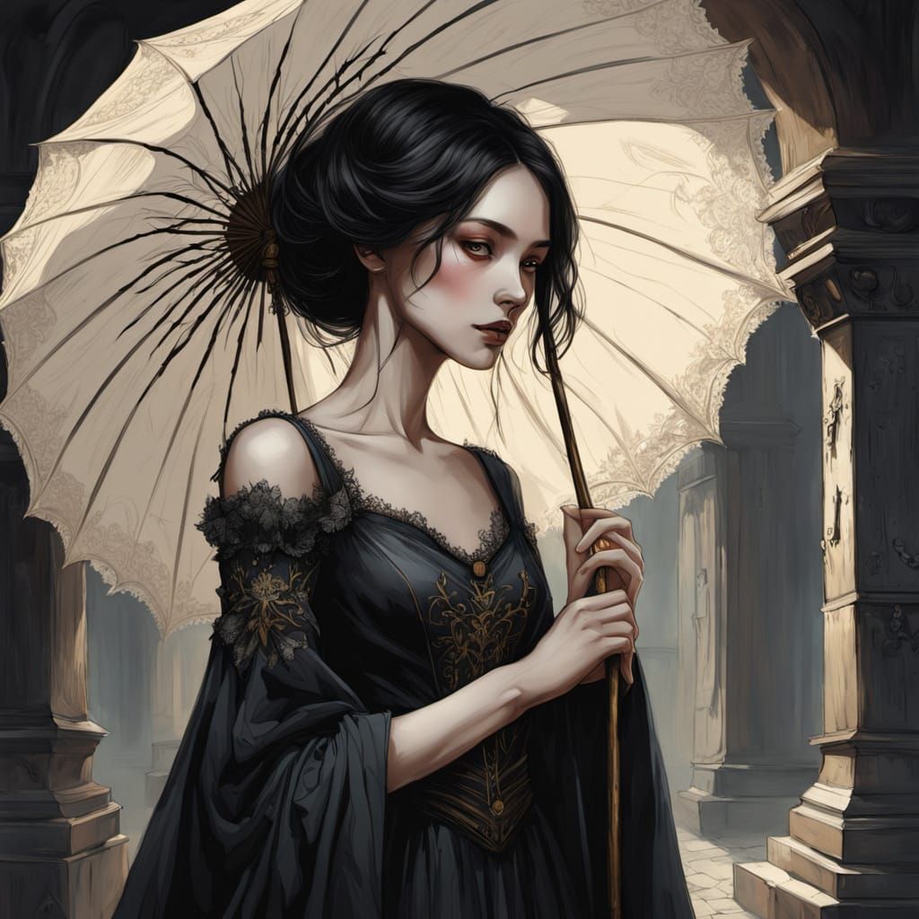 Ethereal Gothic Beauty with Tattered Gown and Brok... - AI Art