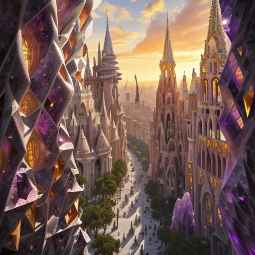 Surreal Geode City at Sunrise in Vibrant Colors - AI Art