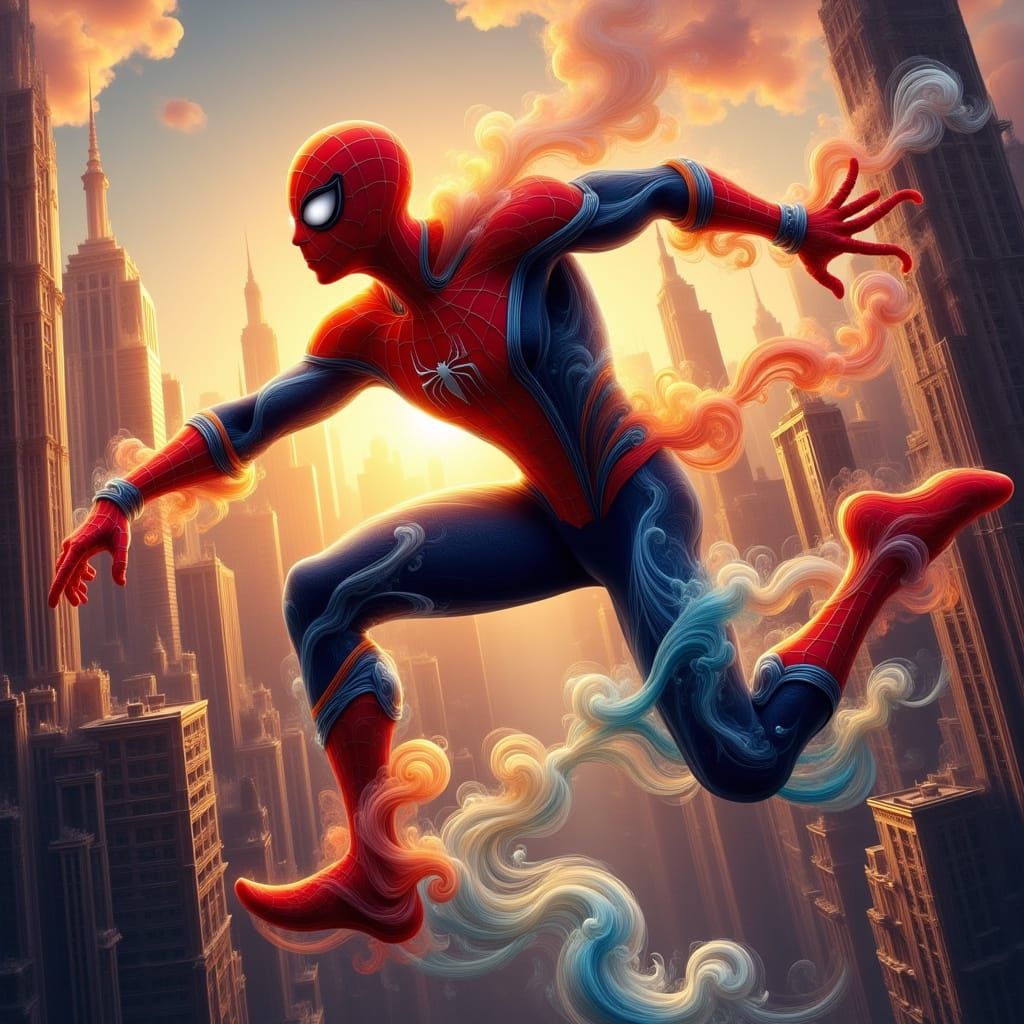 Dynamic Spiderman Leaping Through City Sunset - AI Art