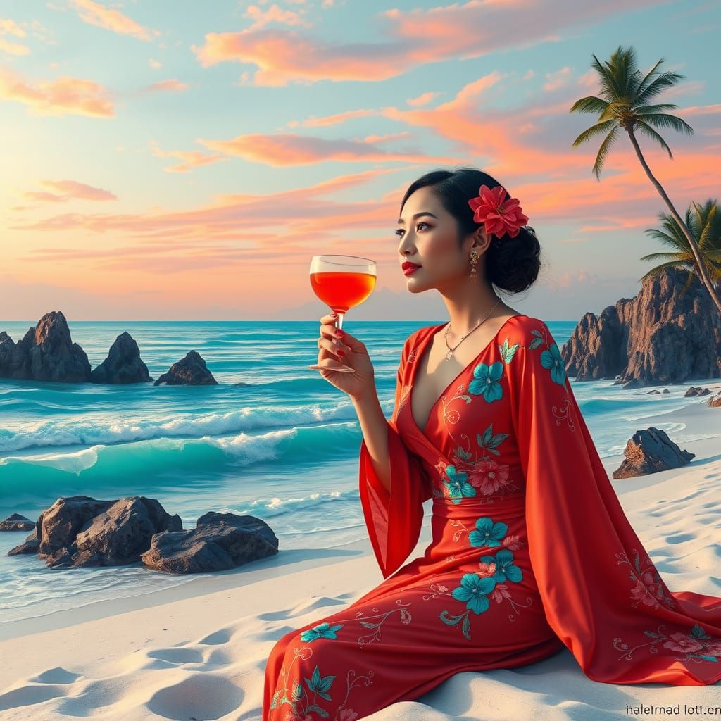 Asian Woman Enjoys Sunset Cocktail on Tropical Bea... - AI Art