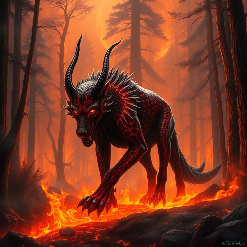 Hellhound roaming a forest fire - Hellhound Roams Infernal F...