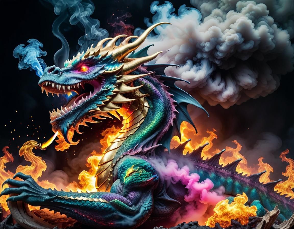 Epic and maximalist picture of A fire breathing dragon (made up ...