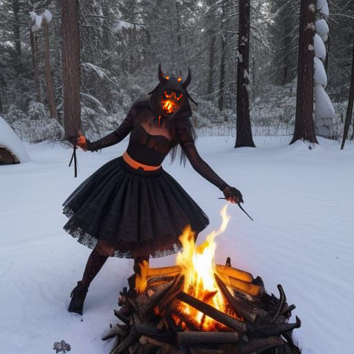Surreal Dark Demon Dances by Campfire in Winter Wo... - AI Art