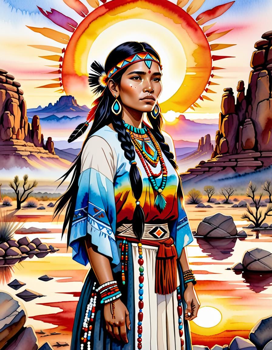 Whimsical watercolor and ink illustration of a young Apache woman ...