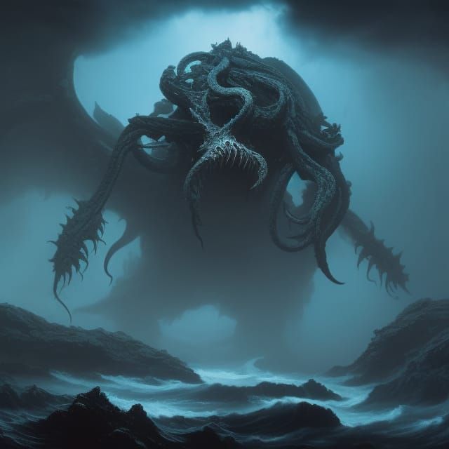 A terrifying kraken emerging from the depths of a stormy ocean; Realism, Horror; Oil painting ...