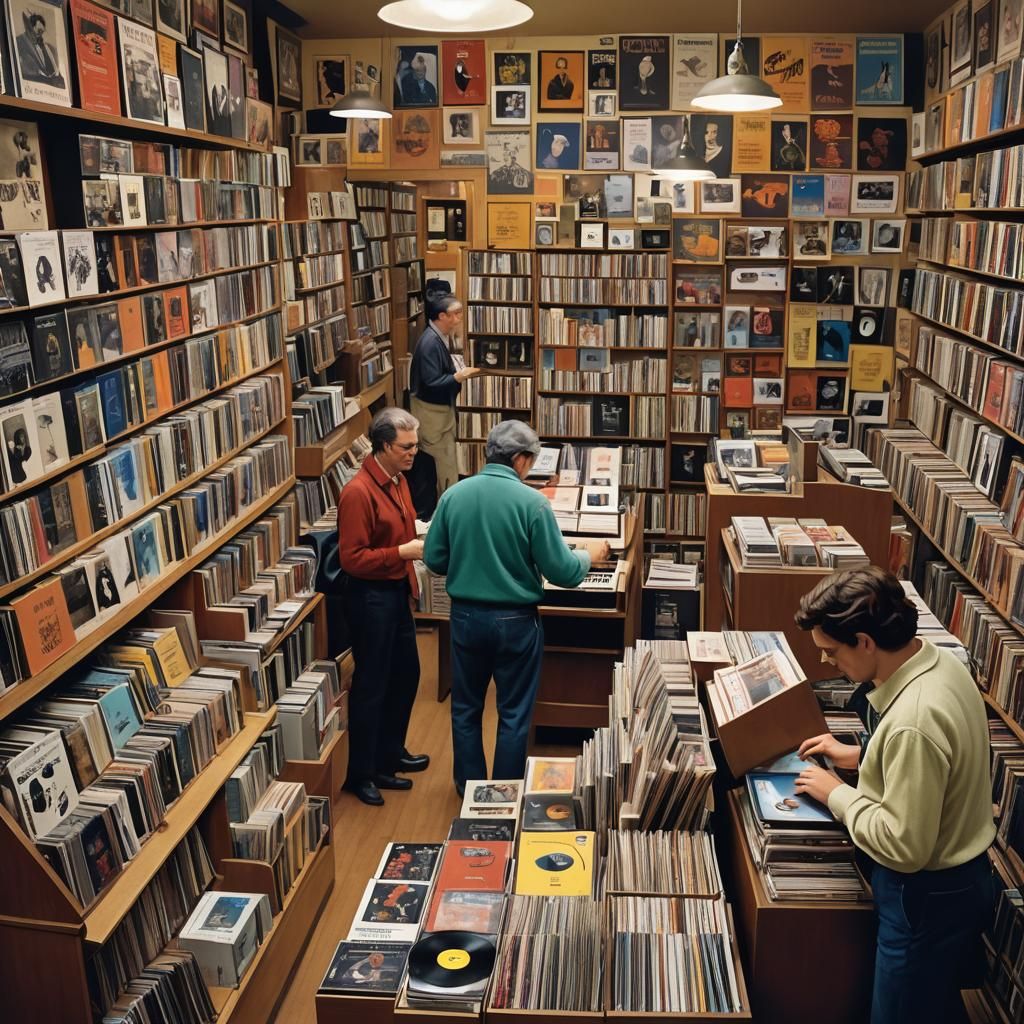 vibrant record store scene brimming with shelves of vinyl records and ...