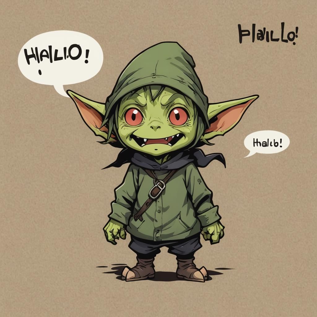A creppy chibi goblin. With one single speech bubble reading "Hallo" in ...