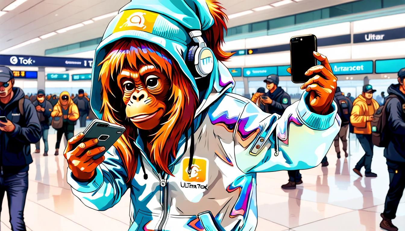 "baby orangutan play handphone" dance tik tok on airport - AI Generated ...