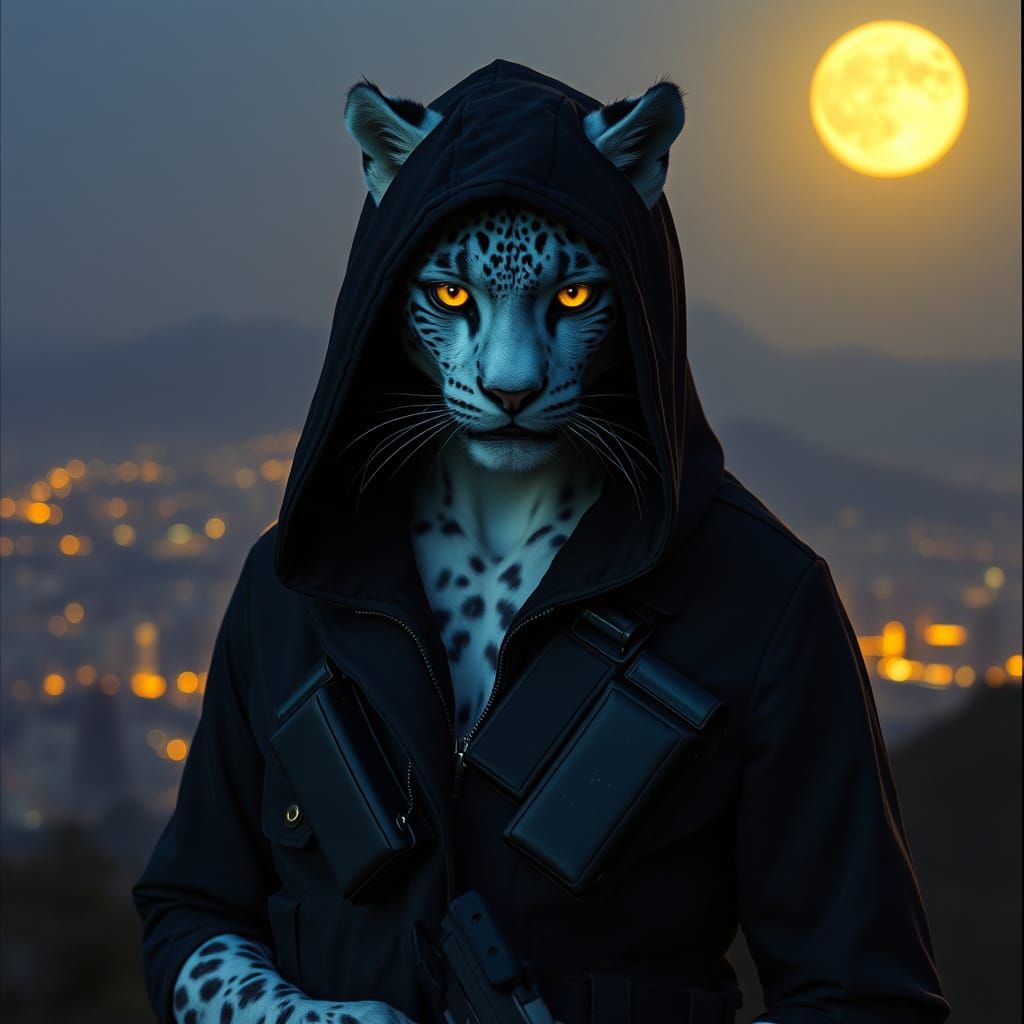 Snow Leopard Vampire Soldier in Moonlit Rio, Cinem... - AI Art