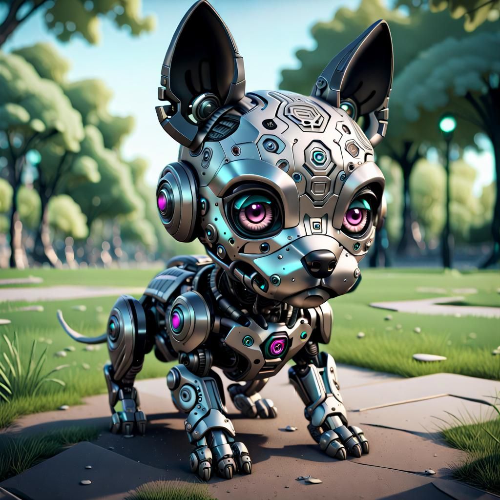 A cute adorable chibified cyborg puppy with biological eyes, playing in ...