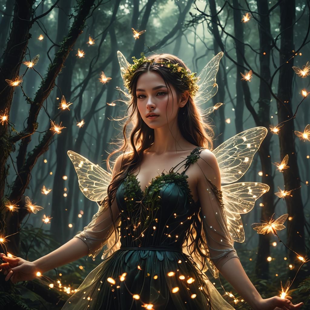 insanely beautiful Fairies in Eldritch forest, fairy lights, wisps ...