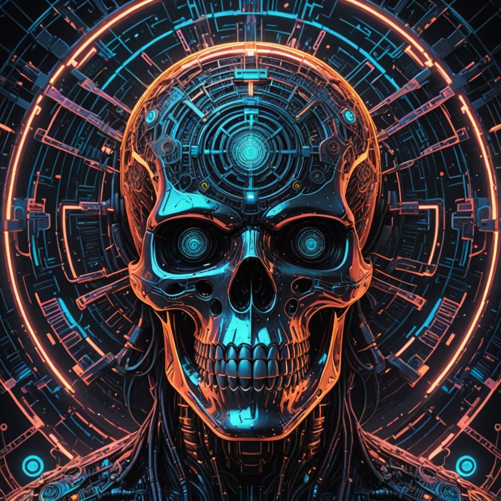 Cyberpunk Metallic Skull Radiates Neon Energy in H... - AI Art
