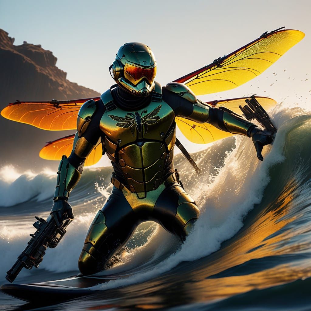 Cyberpunk Dragonfly Warrior Wakesurfs Through Turb... - AI Art