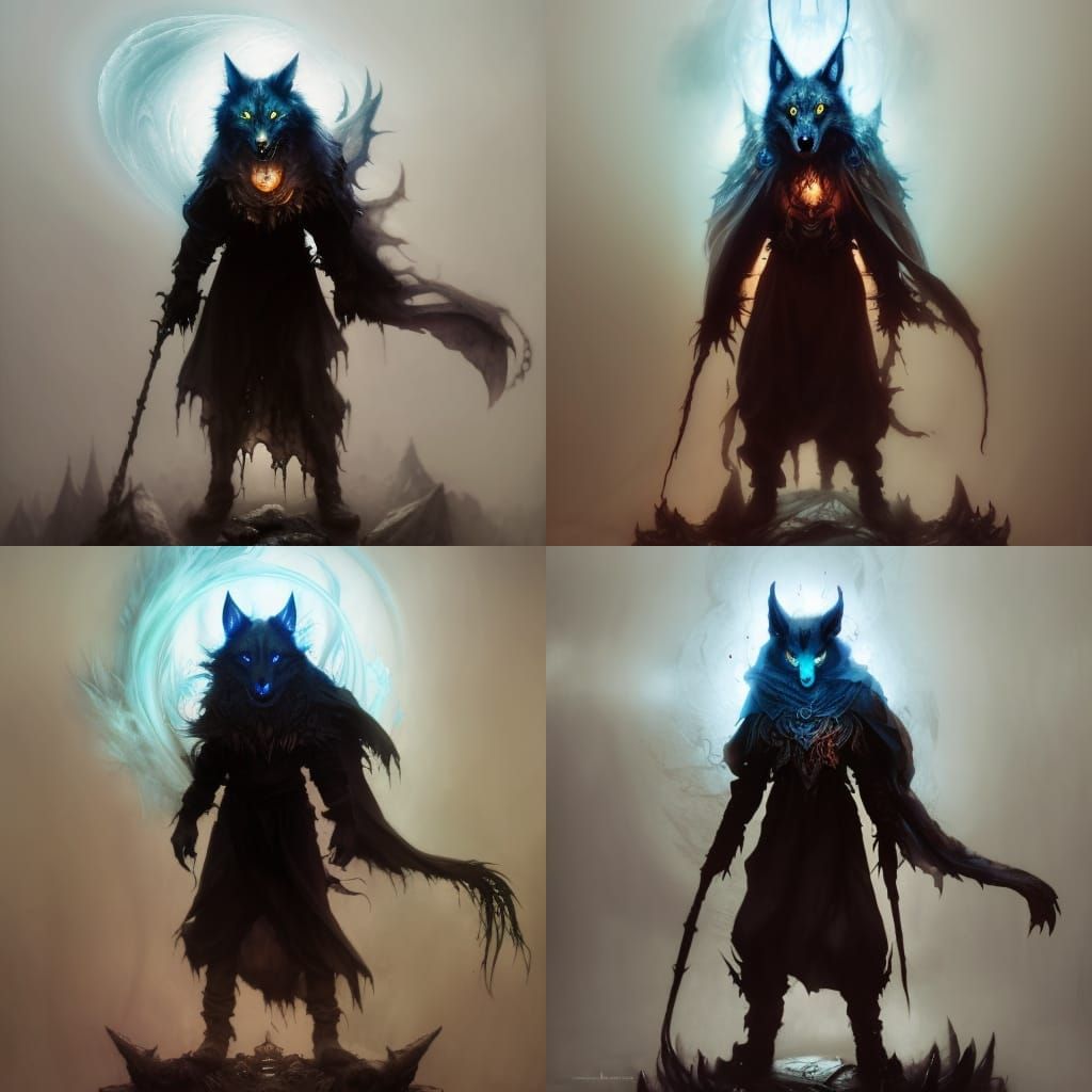 Dark Wolf Mage, spell, fog, D&D, fantasy, cinematic lighting, centered ...