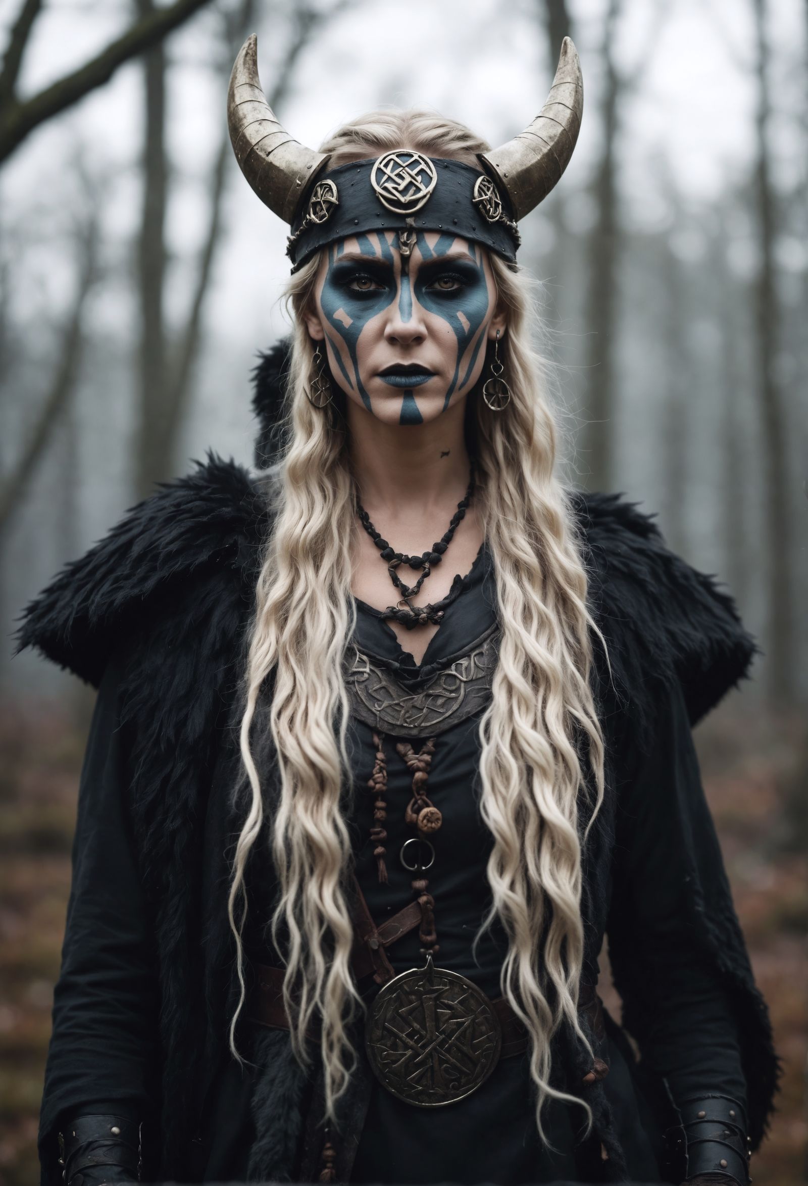 Nordic shaman witch with scary Viking runes makeup on her face. - AI ...