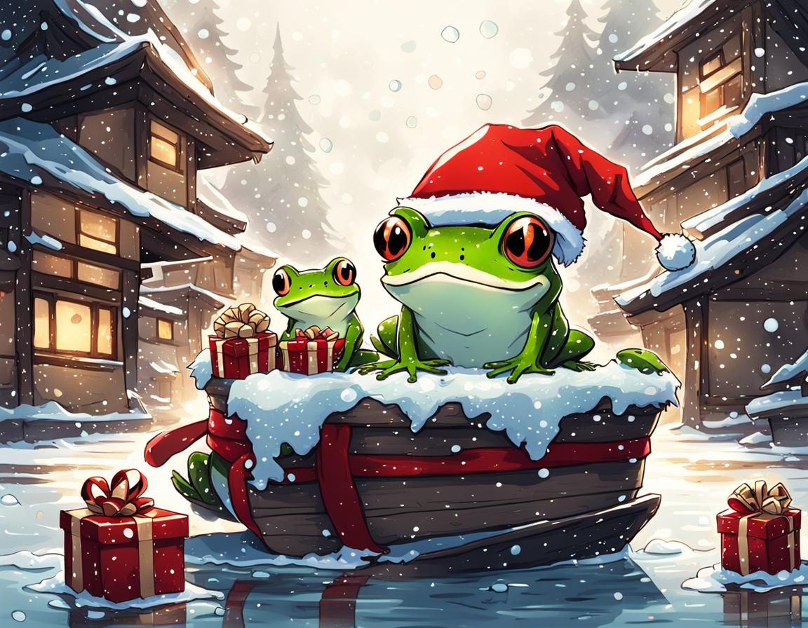 Santa Frog delivering presents to little tadpoles - AI Generated ...