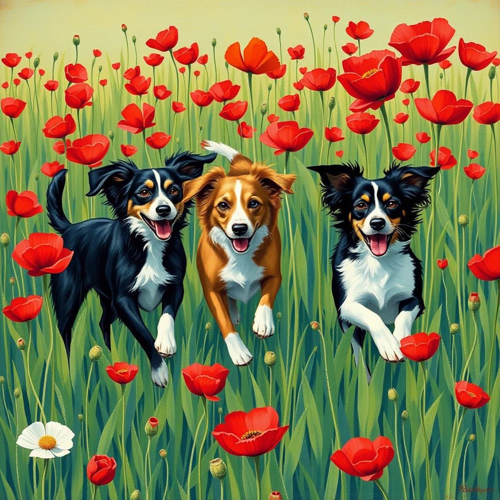 Painted Dogs and Poppies - Vibrant Dogs in a Dreamlike Poppi...